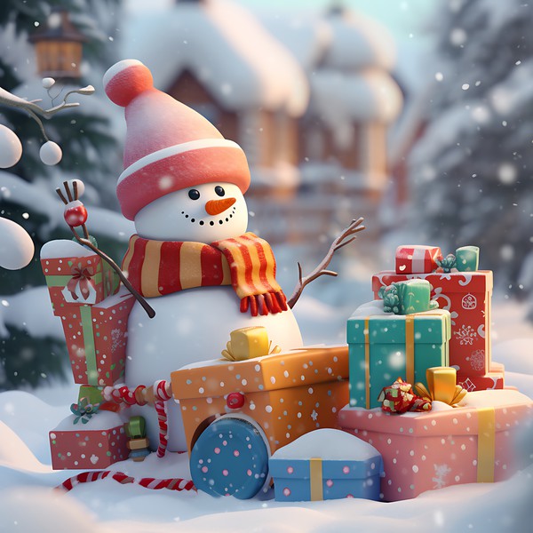 Festive Snowman Amidst Winter Gifts - Photoshop images
